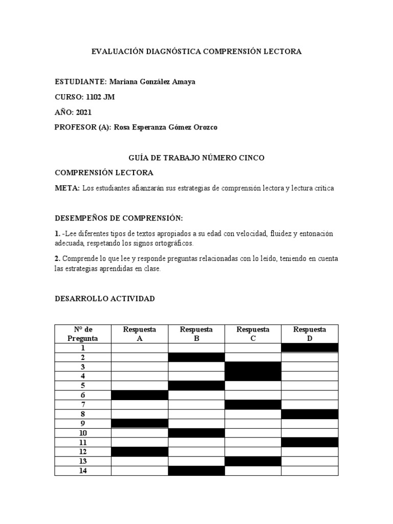 Evaluación Diagnóstica Comprensión Lectora 1102 | PDF