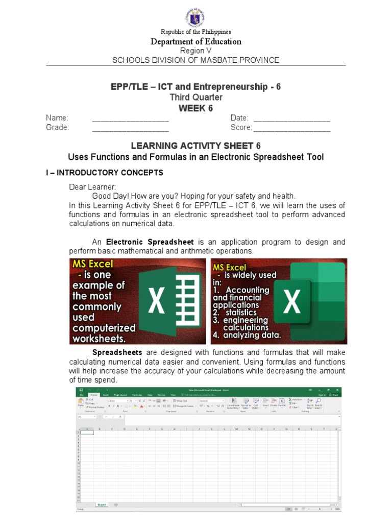 Department of Education: EPP/TLE - ICT and Entrepreneurship - 6 Week 6 | PDF | Spreadsheet ...