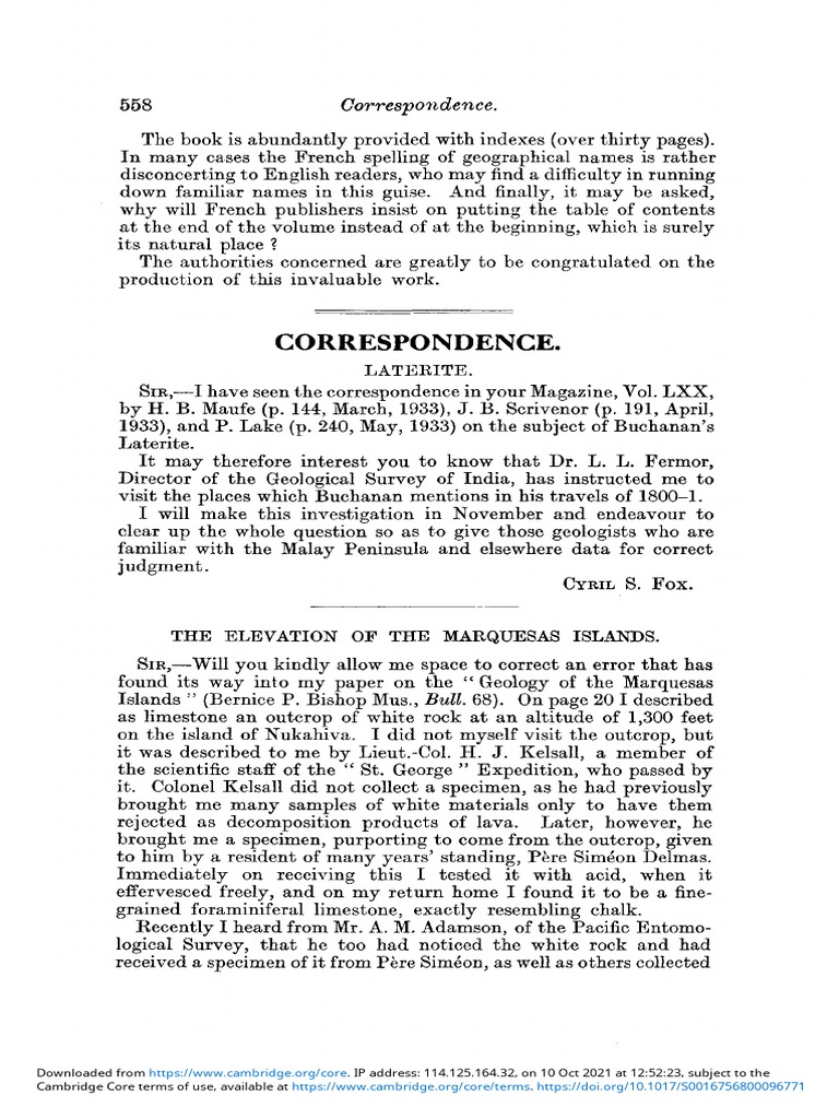 Correspondence.: Cyril S. Fox | PDF