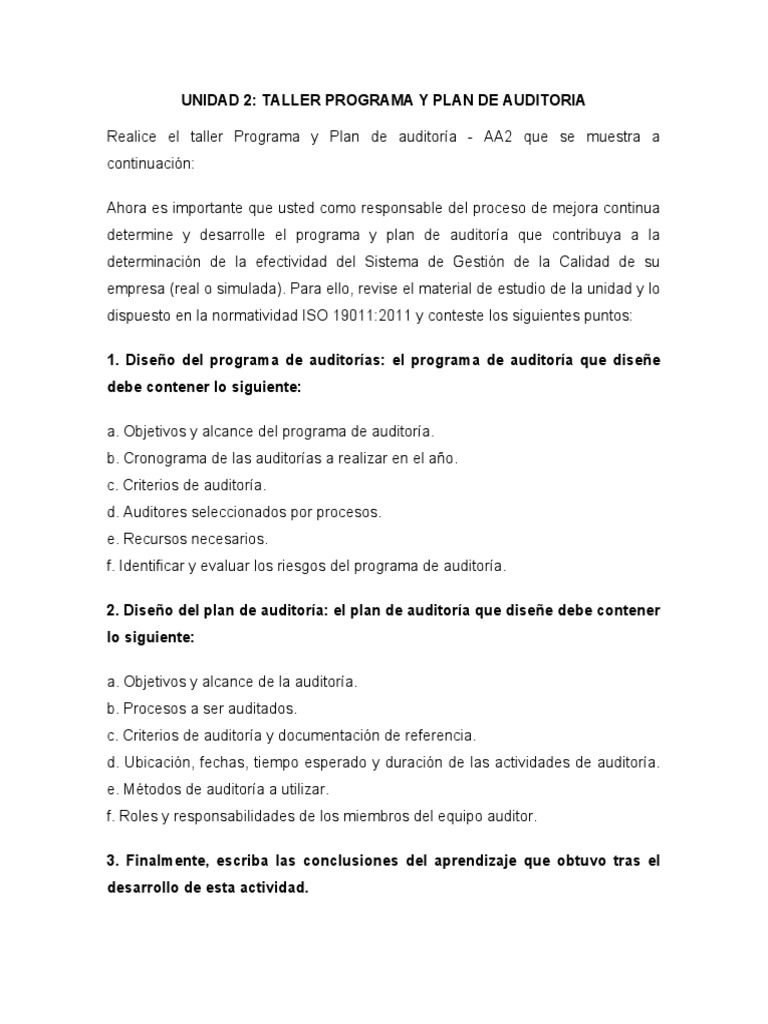 Unidad 2 Taller Programa y Plan de Audit | PDF | Auditoría | Planificación