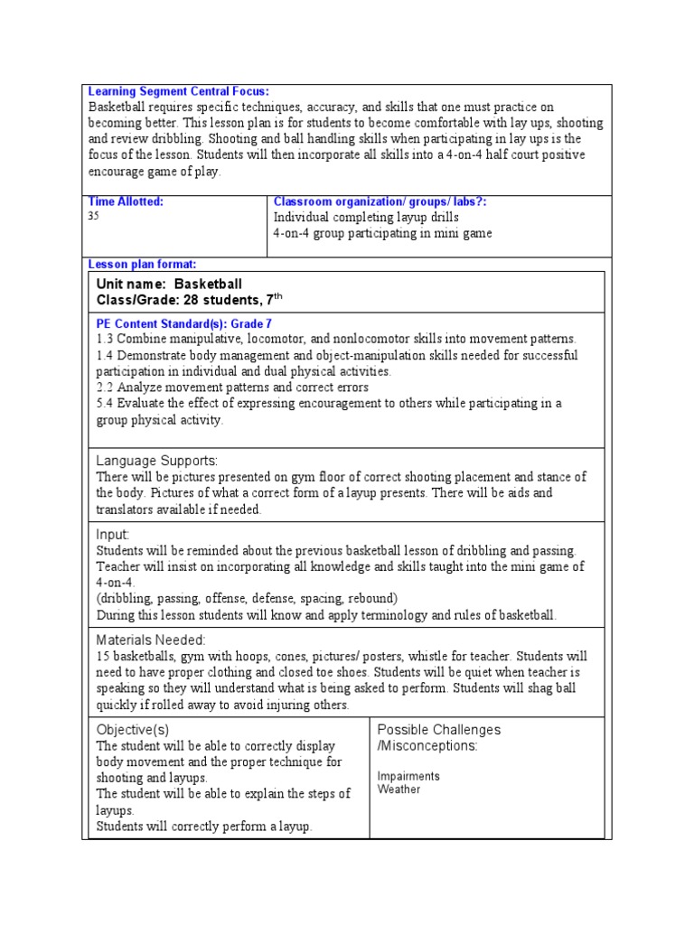 Unit Name: Basketball Class/Grade: 28 Students, 7: Learning Segment ...