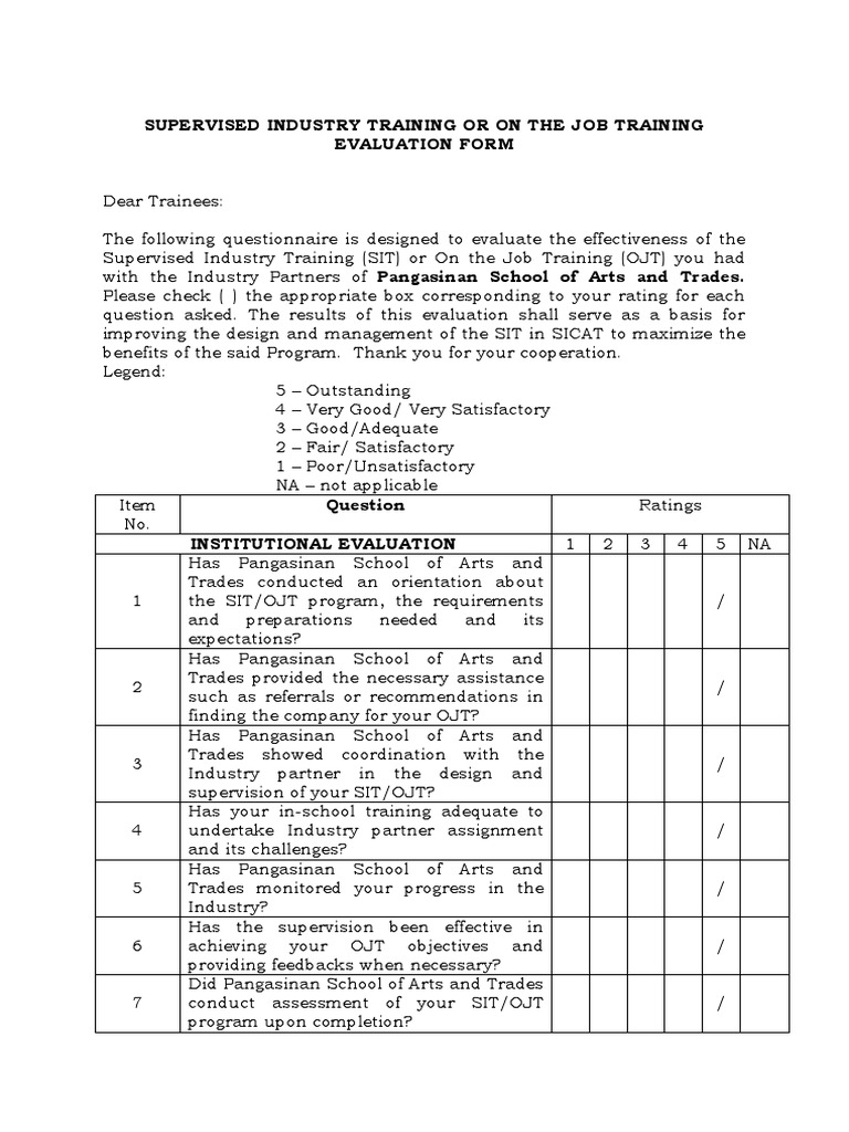 11 Supervised Industry Training or On The Job Training Evaluation Form ...
