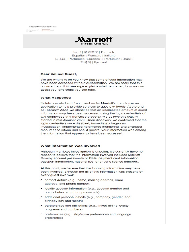 Marriot Breach Notification Letter | PDF