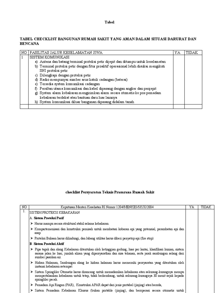 Dokumen - Tips Table Checklist Persyaratan Teknis Prasarana Rumah Sakit ...