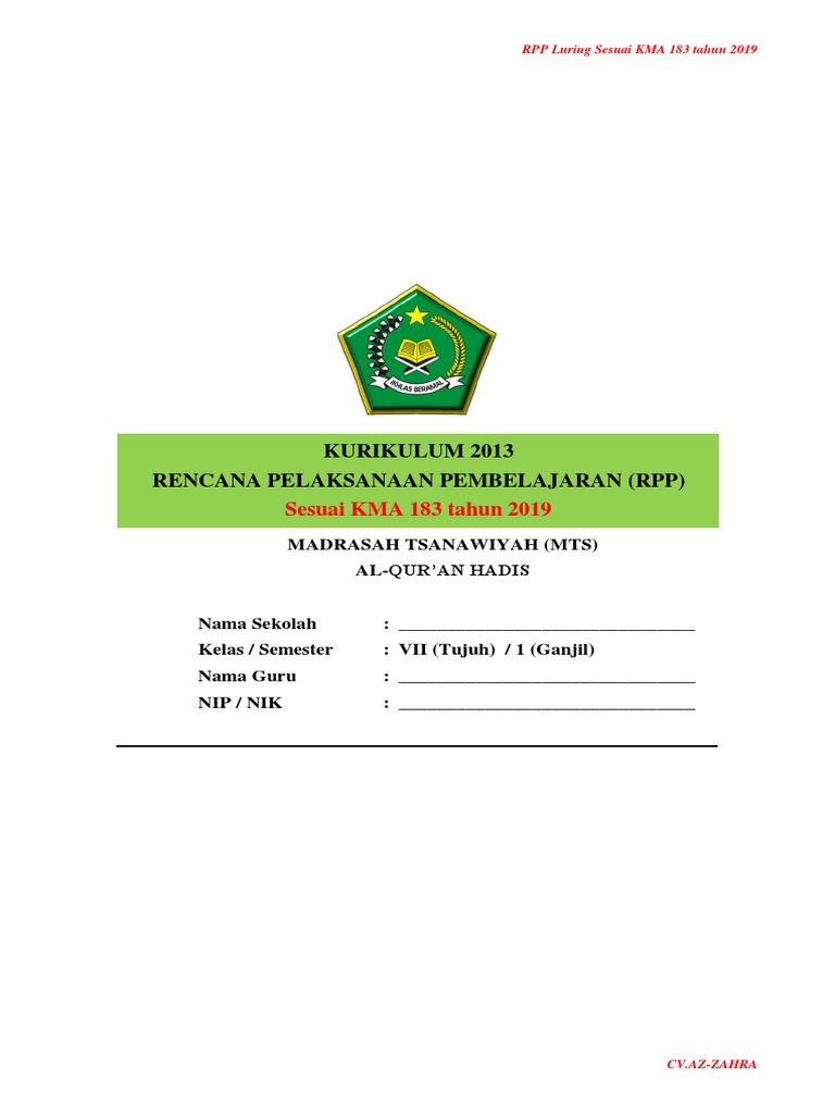 Kurikulum 2013 Rencana Pelaksanaan Pembelajaran (RPP) : Sesuai KMA 183 ...