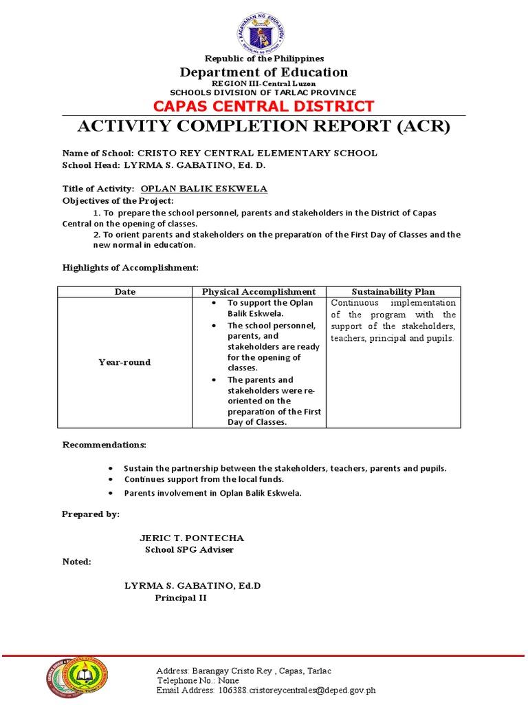 Activity Completion Report (Acr) : Capas Central District | PDF