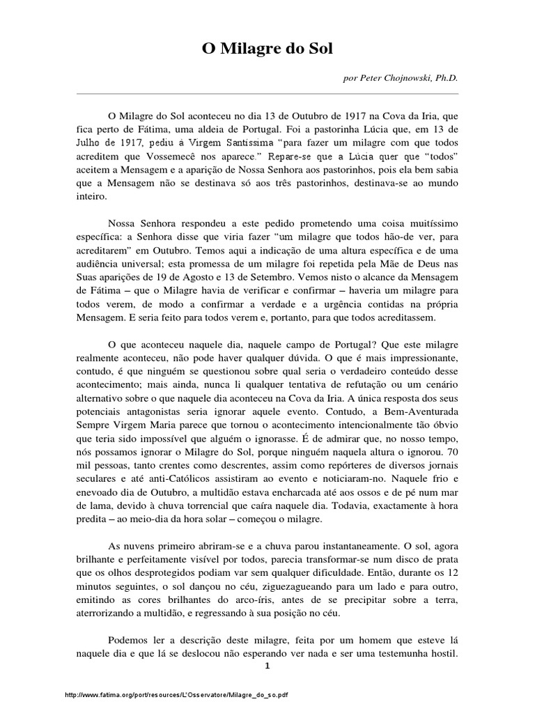 Milagre Do Sol | Download grátis PDF | Nossa Senhora de Fátima | Maria ...
