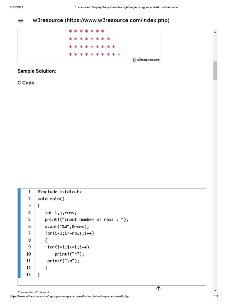 C Exercises - Display The Pattern Like Right Angle Using An Asterisk - W3resource | PDF
