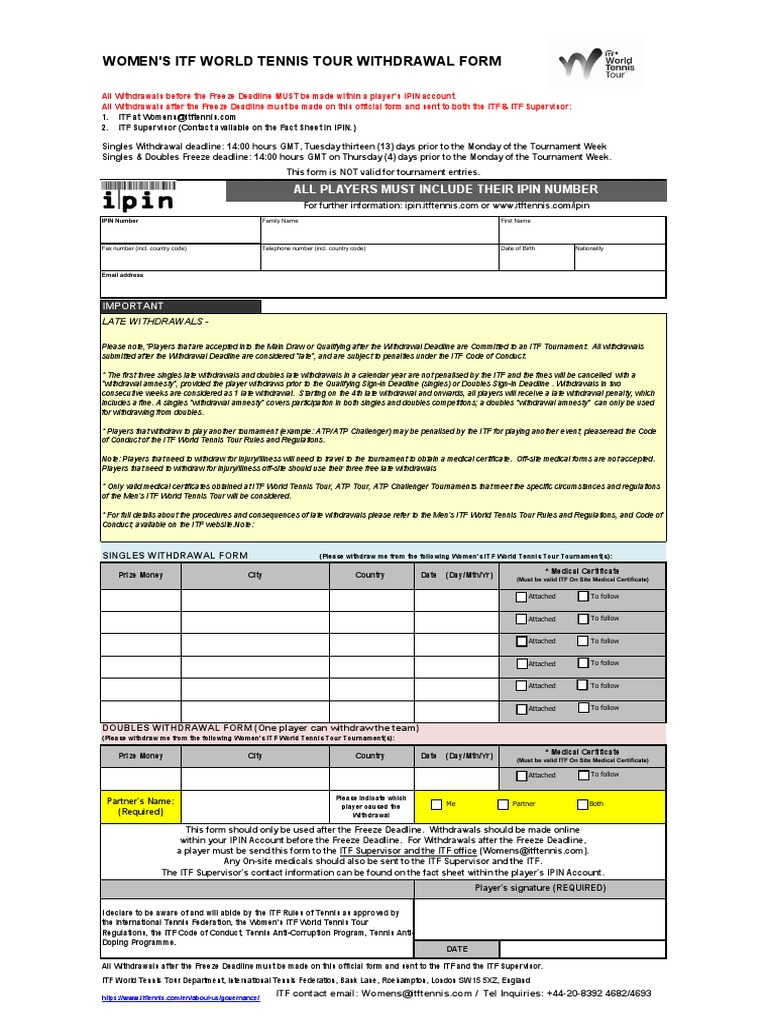 Itf World Tennis Tour Withdrawal Form v3 Women | PDF | Sports | Racquet Sports