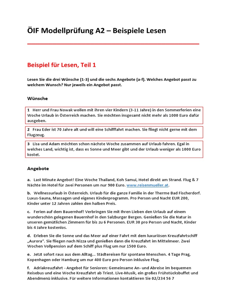 OeIF Pruefung A2 Deutschtest Deutsch Lernen Lesen Uebung | PDF
