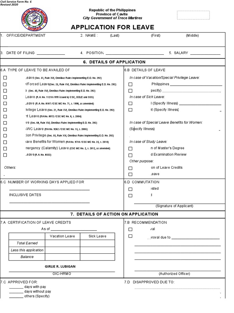CS Form No. 6, Revised 2020 (Application For Leave) (Fillable) | PDF | Parental Leave | Surgery