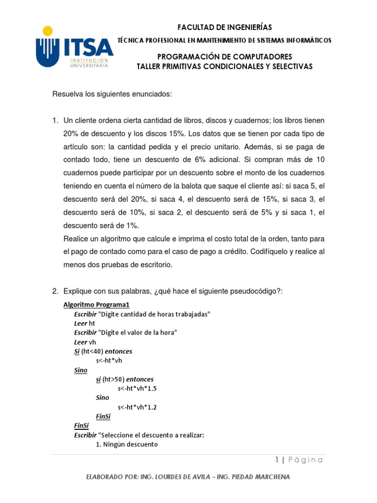Taller Primitivas Condicionales y Selectivas 20213 | PDF | Ingeniería de Sistemas | Informática
