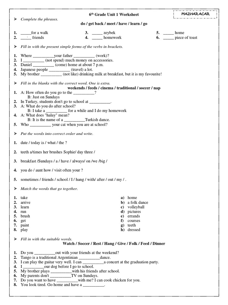 6th Grade Unit 1 Worksheet 2019-2020 MZHR | PDF | Lunch