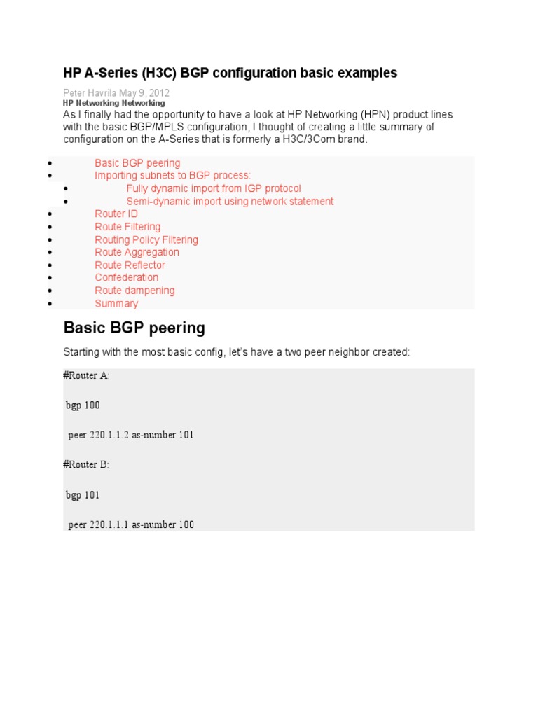 HP A-Series (H3C) BGP Configuration Basic Examples | PDF | Computer ...