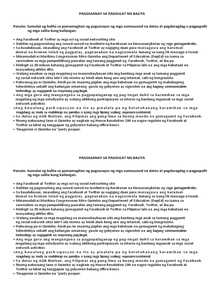 Pagsasanay Sa Pagsulat NG Balita | PDF