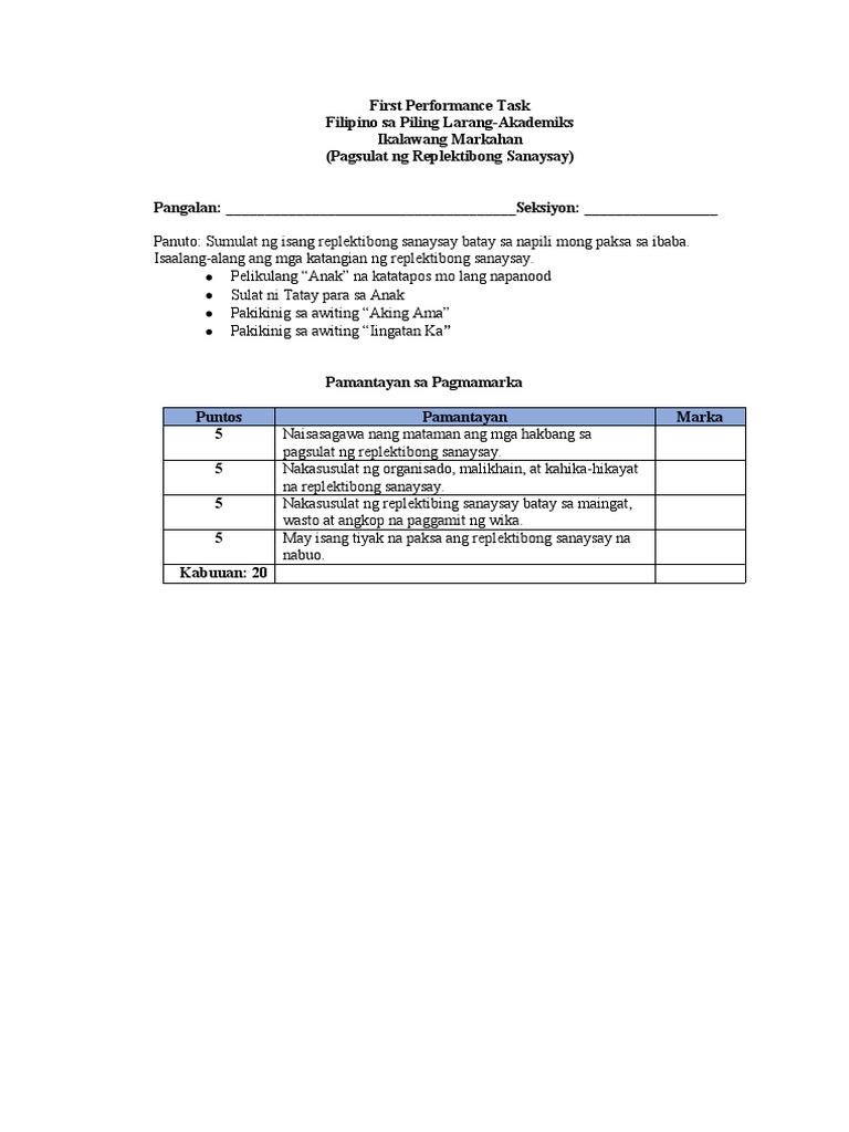 First Performance Task Piling Larang | PDF