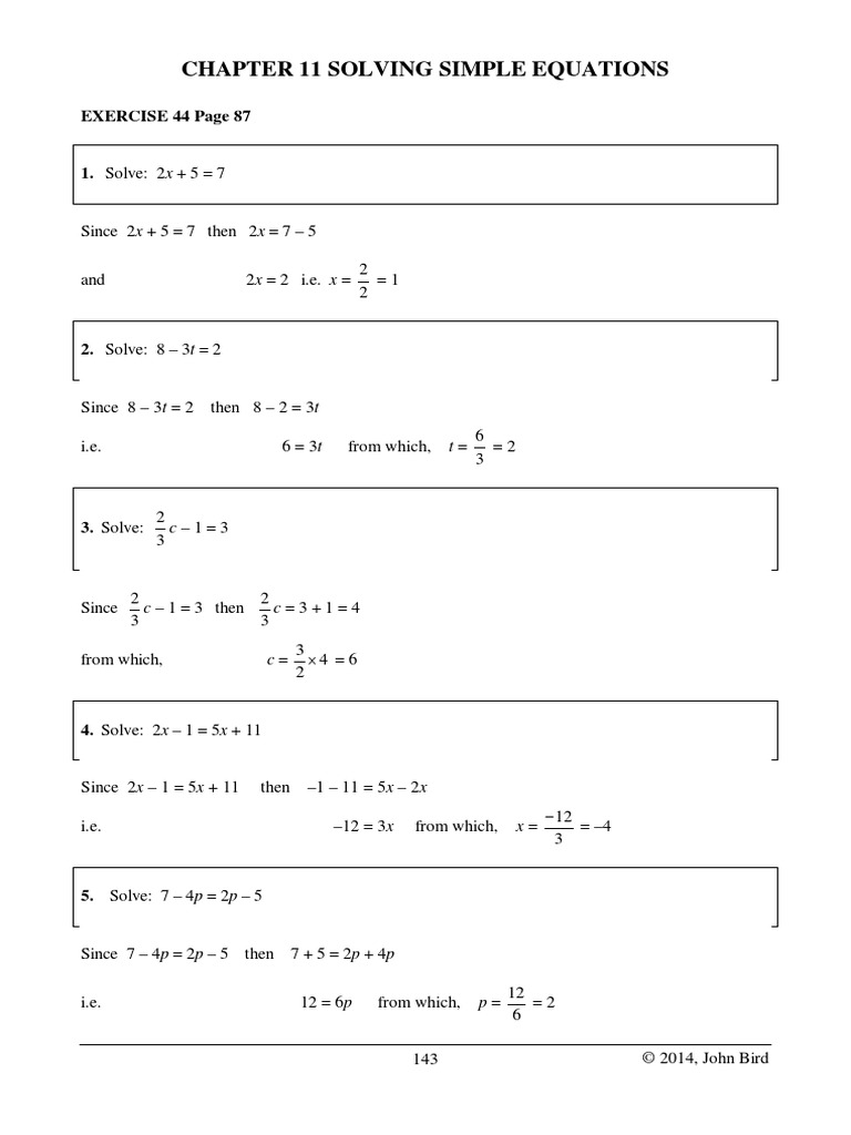 Chapter 11 Solving Simple Equations: EXERCISE 44 Page 87 | PDF ...
