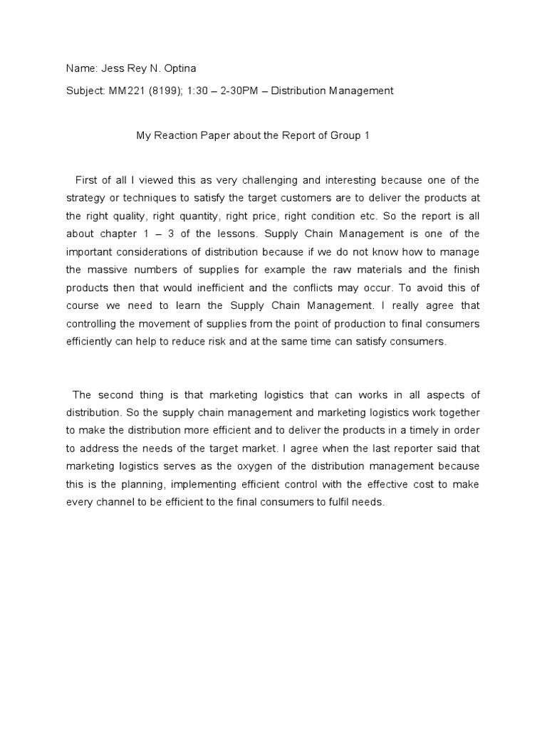 Reaction Paper 1 - Distribution MGT | PDF