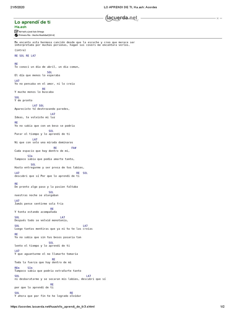 LO APRENDI DE TI, Ha - Ash - Acordes | PDF