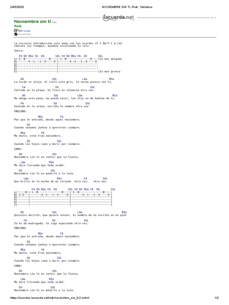NOVIEMBRE SIN TI, Reik - Tablatura | PDF