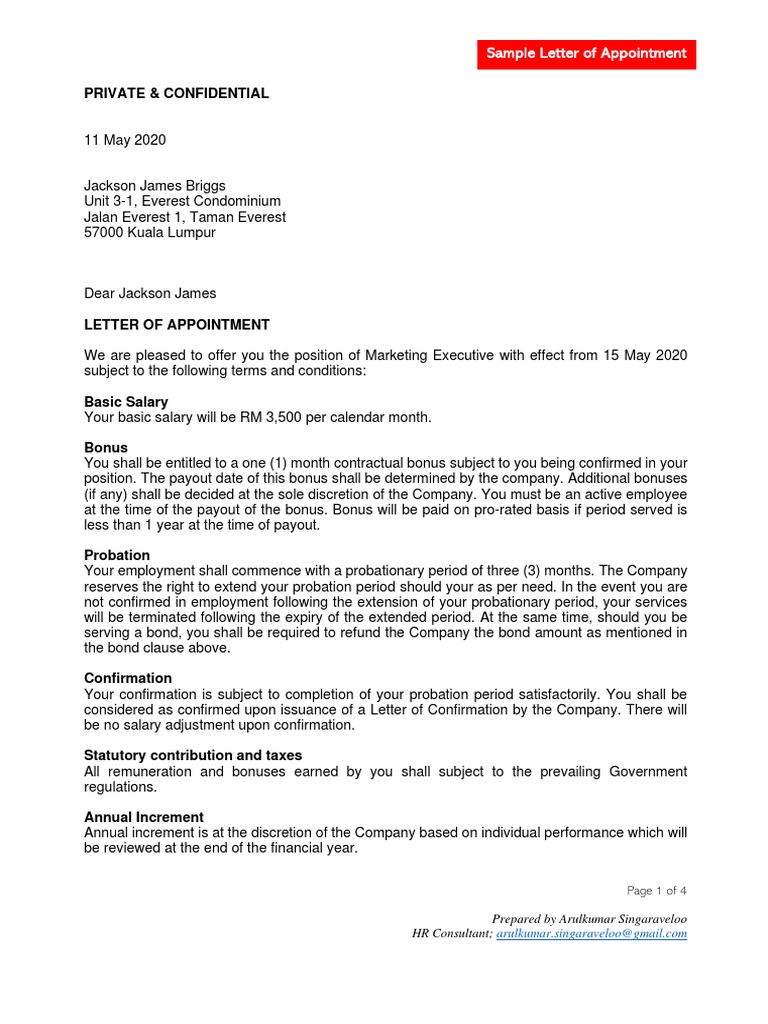 Sample Letter of Appointment - PDF Version 1 | PDF | Employment | Salary