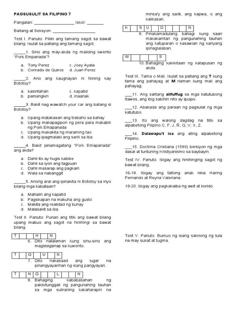 Pagsusulit Sa Filipino 7 | PDF