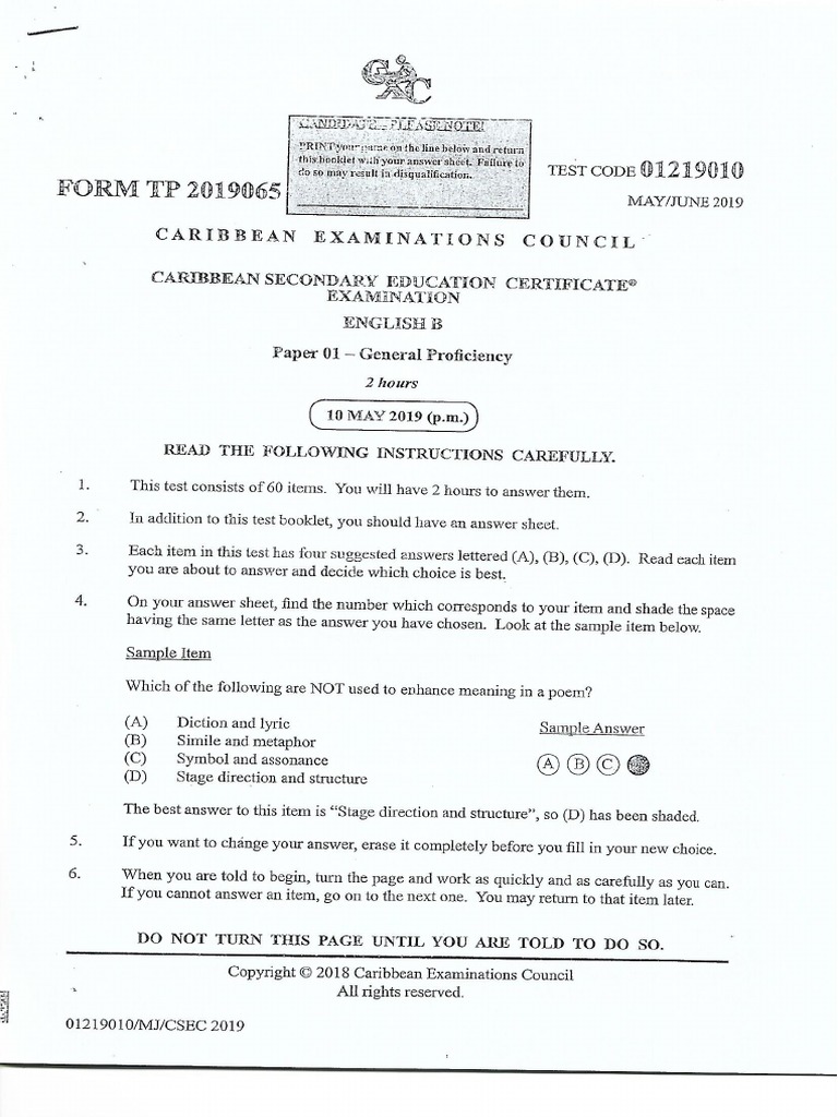 CSEC English B Paper 01 May 2019 | PDF