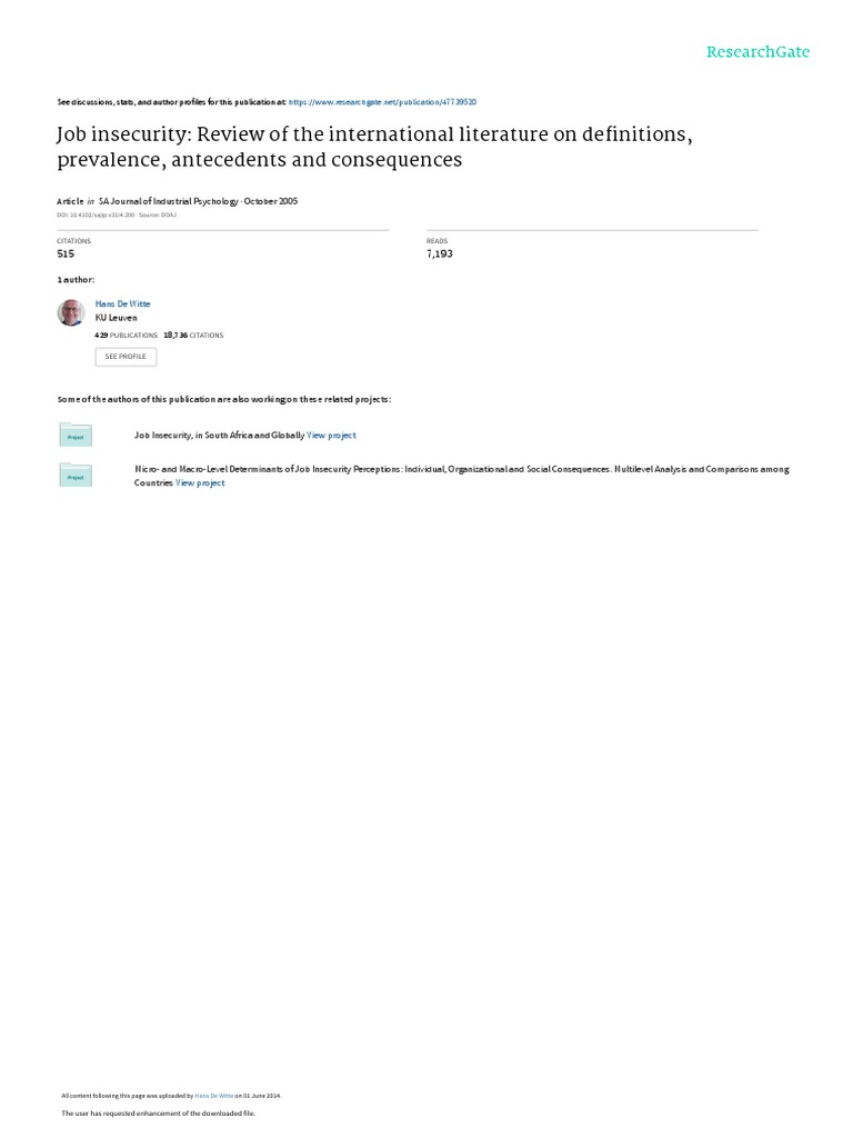 Job Insecurity: Review of The International Literature On Definitions ...