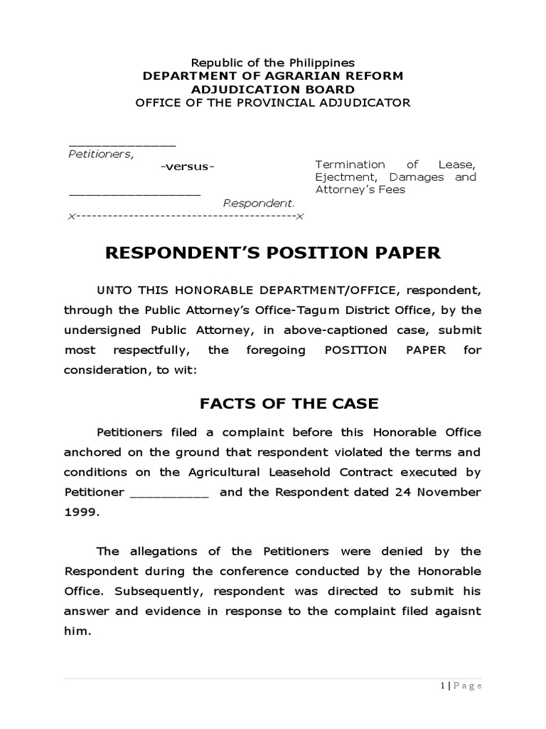 Respondent'S Position Paper: Facts of The Case | PDF | Leasehold Estate ...