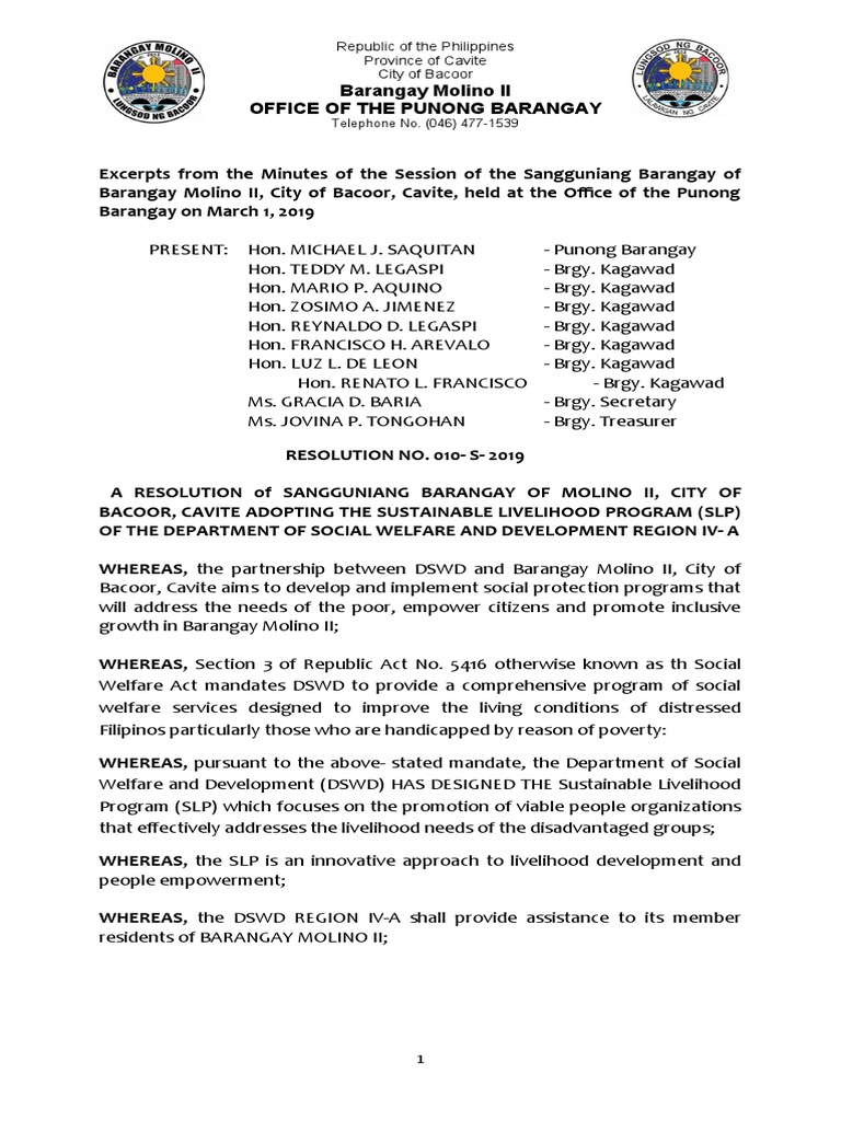 Resolution No. 010 - S - 2019 - Sustainable Livelihood Program | PDF ...
