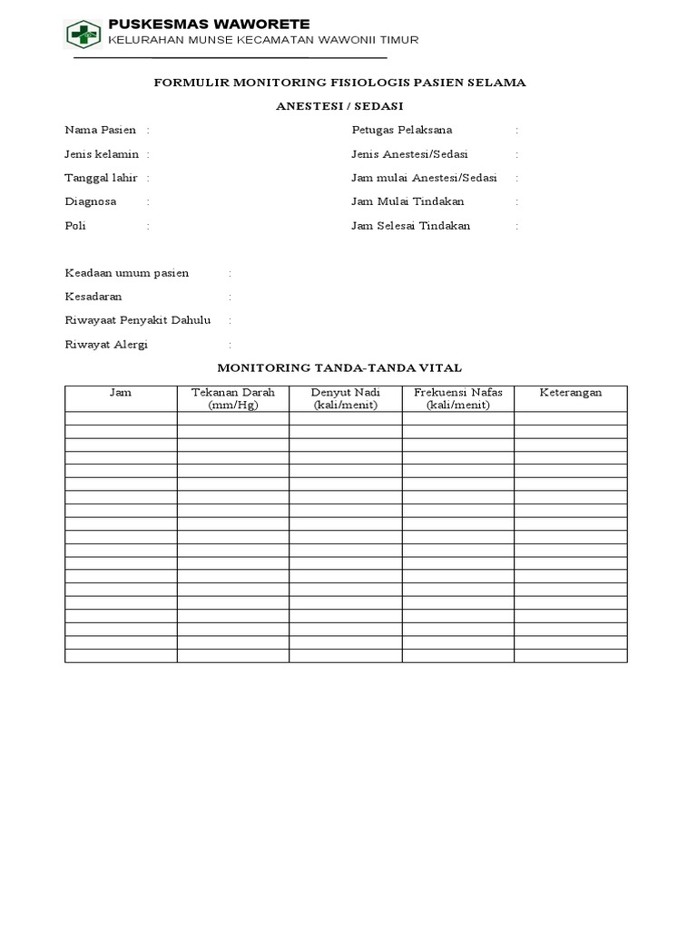 Form Monitoring Fisiologis Anastesi Sedasi | PDF