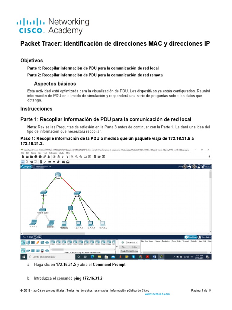 9.1.3 Packet Tracer - Identify MAC and IP Addresses | PDF | Enrutador (Computación) | Dirección IP