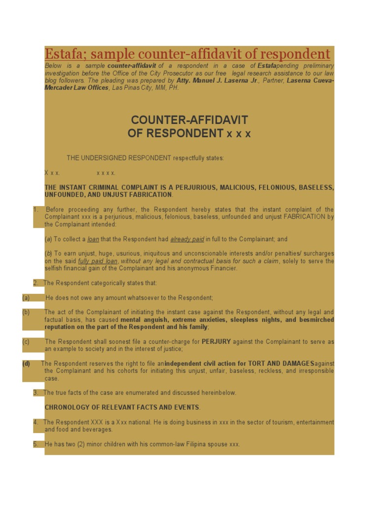 Estafa Sample Counter Affidavit With Legal Arguments | PDF | Fraud | Interest