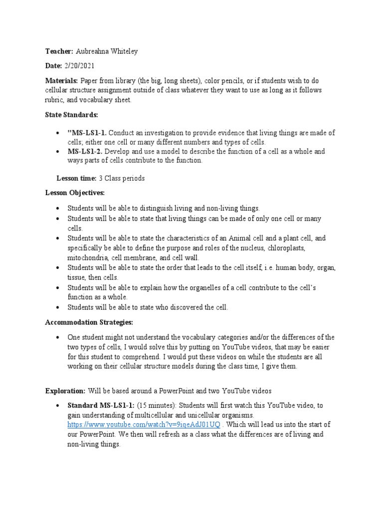 Lesson Plan | PDF | Cell (Biology) | Anatomy