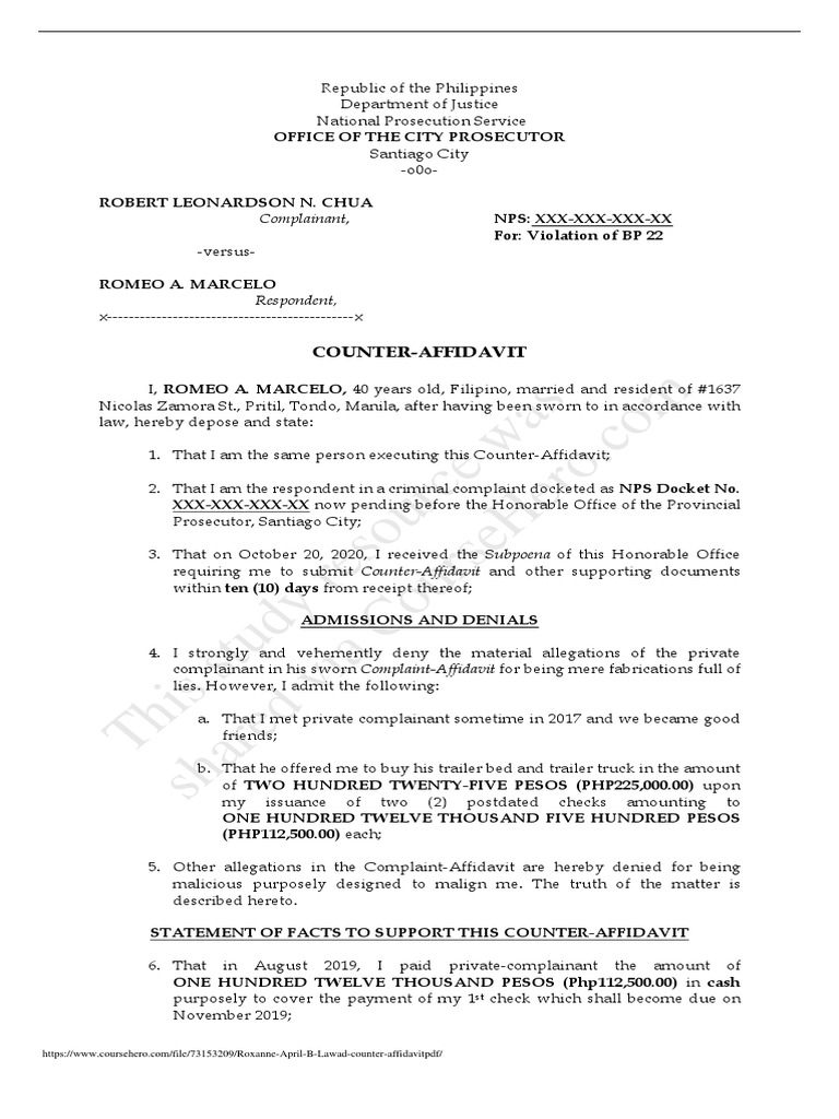 Roxanne April B. Lawad Counter Affidavit PDF | PDF | Banks | Payments