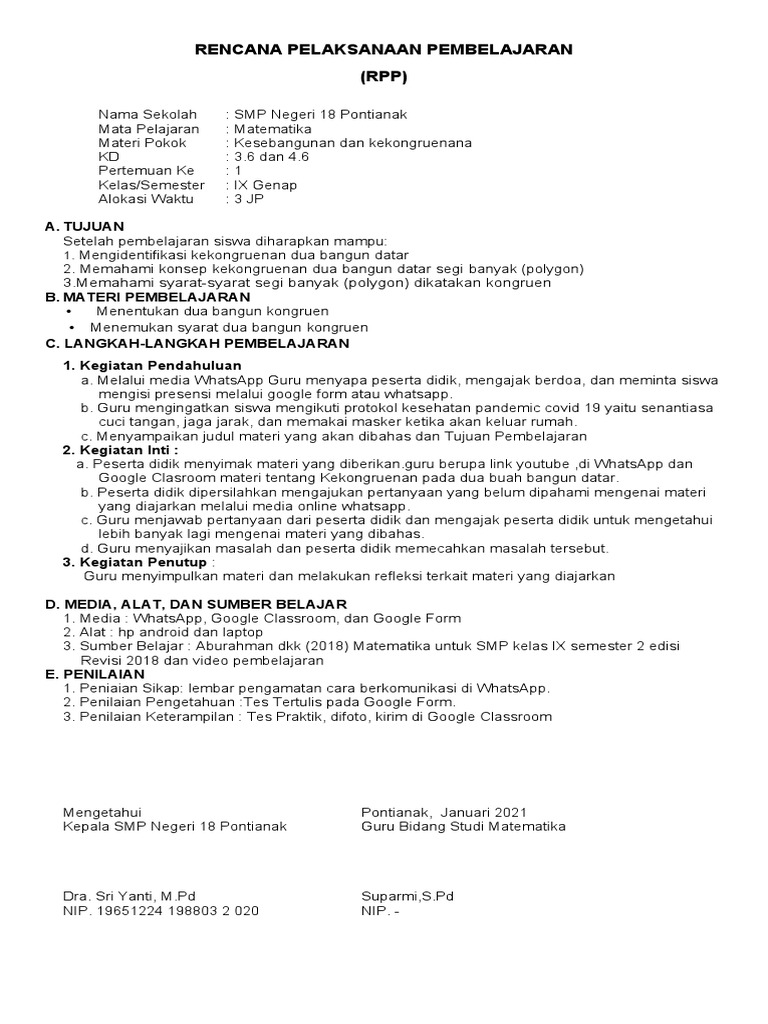 RPP Kesebangunan Dan Kekongruenan | PDF