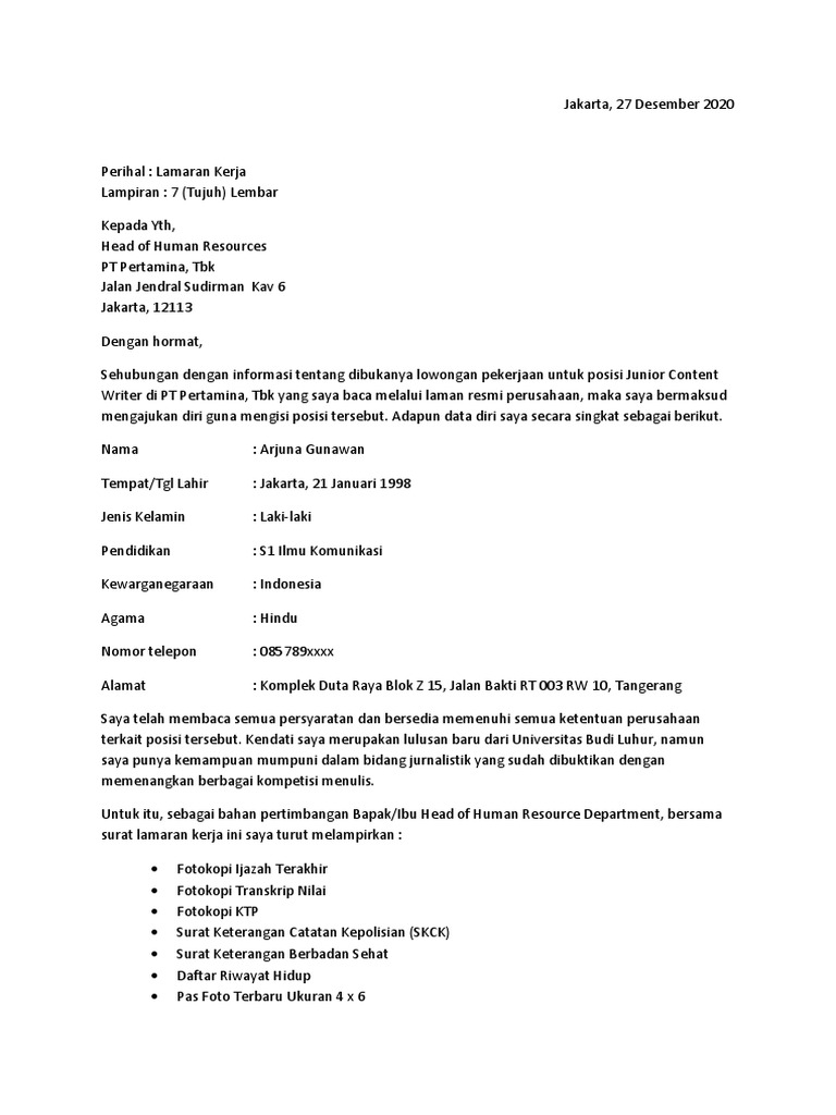 Contoh Surat Lamaran Kerja Fresh Graduate | PDF