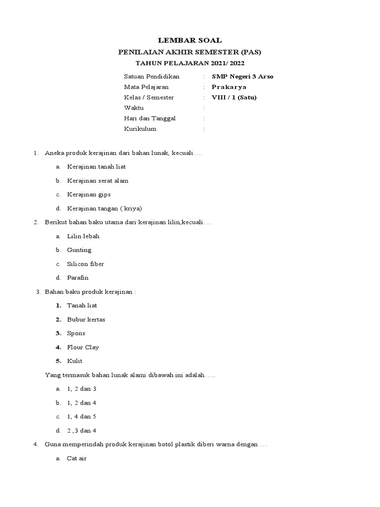 Soal Pas Prakarya Kelas Viii Semester 1 | PDF