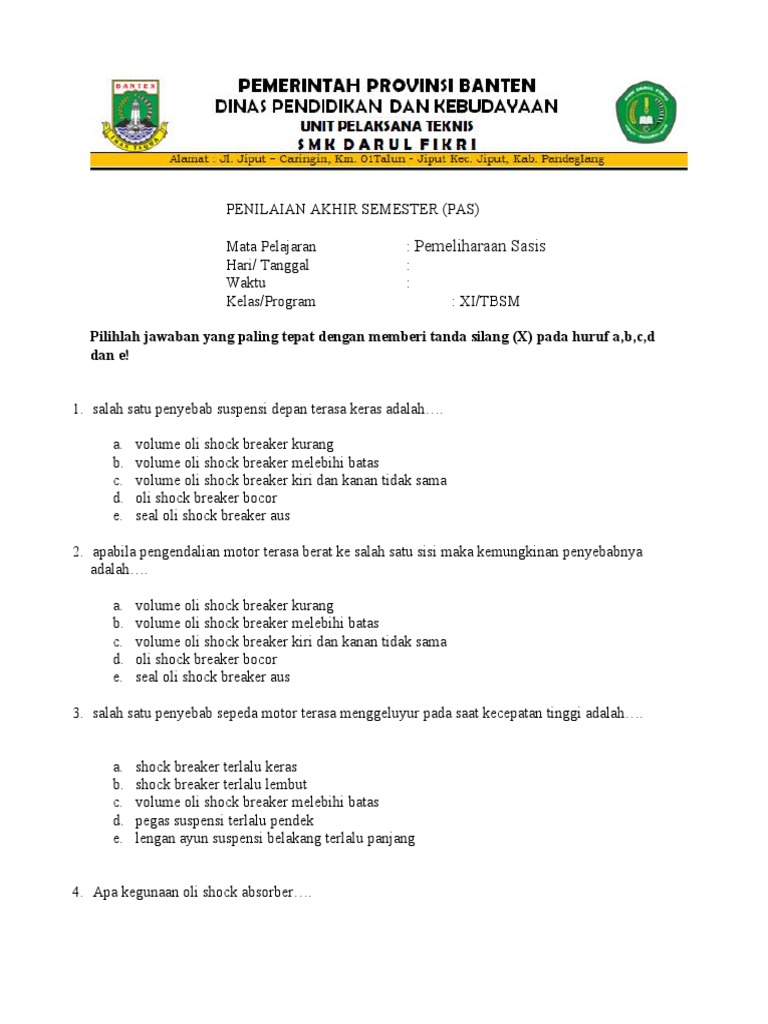 HERMAN Soal SMK TSM Pemeliharaan Sasis Sepeda Motor | PDF