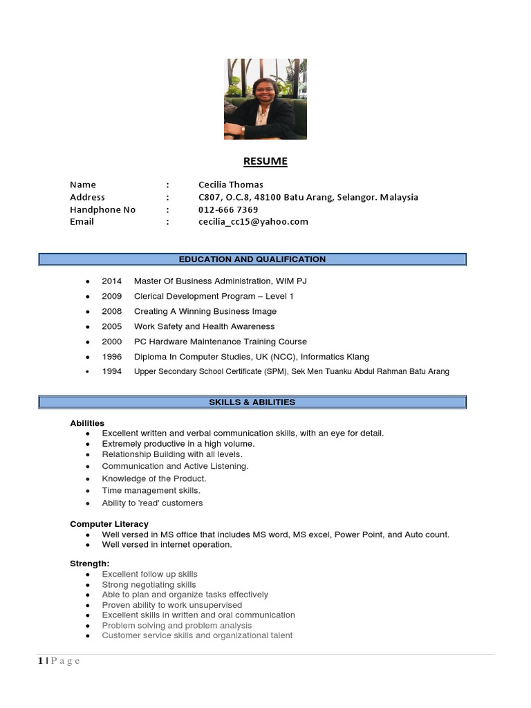 Cecilia Resume 1 | PDF | Call Centre | Credit