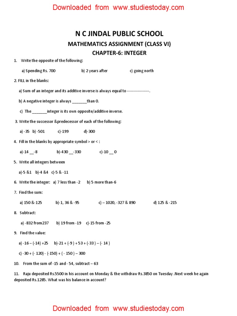 CBSE Class 6 Integers Worksheet | PDF