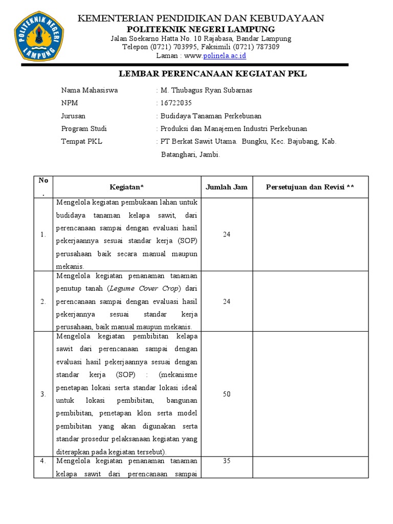 Lembar Perencanaan Kegiatan PKL (New) | PDF