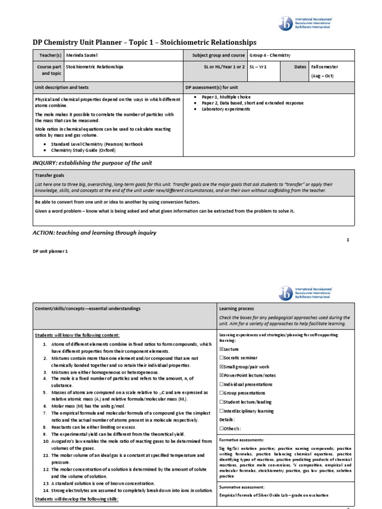DP Chem Unit 1 Stoichiometric Relationships | PDF | Mole (Unit) | Gases