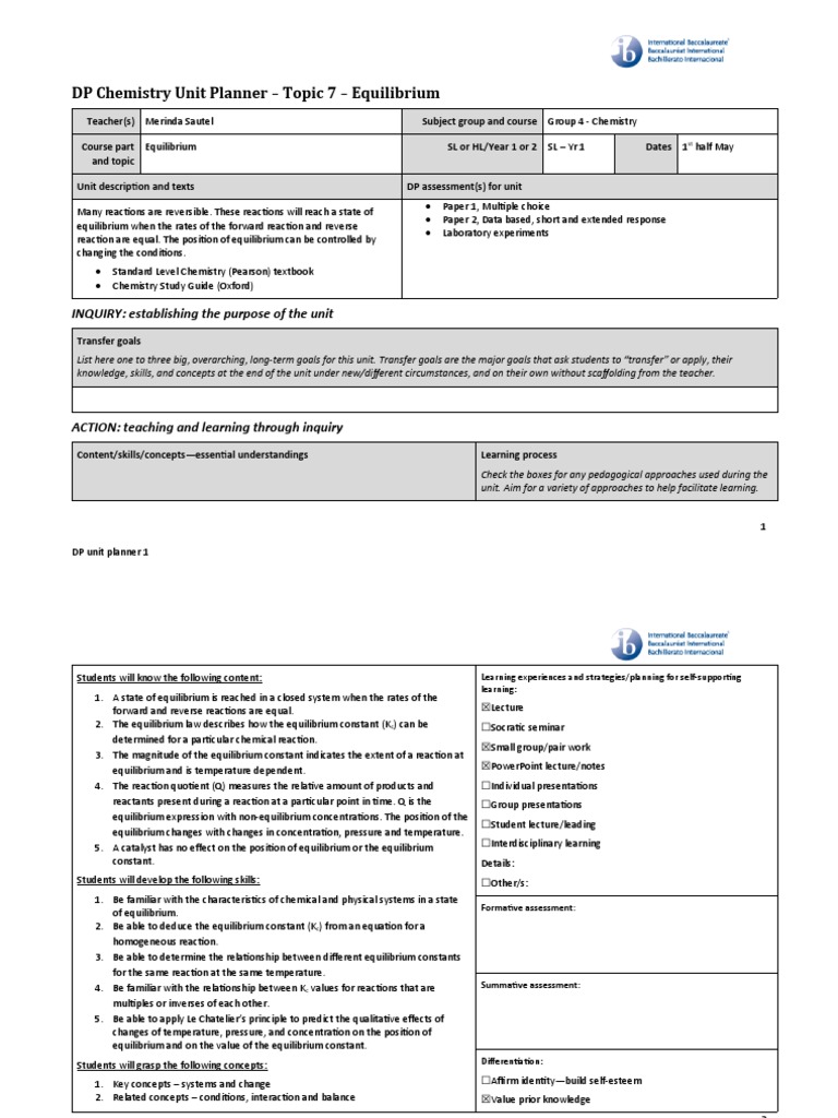 DP Chem Unit 7 Equilibrium | PDF | Chemical Equilibrium | Chemical Reactions