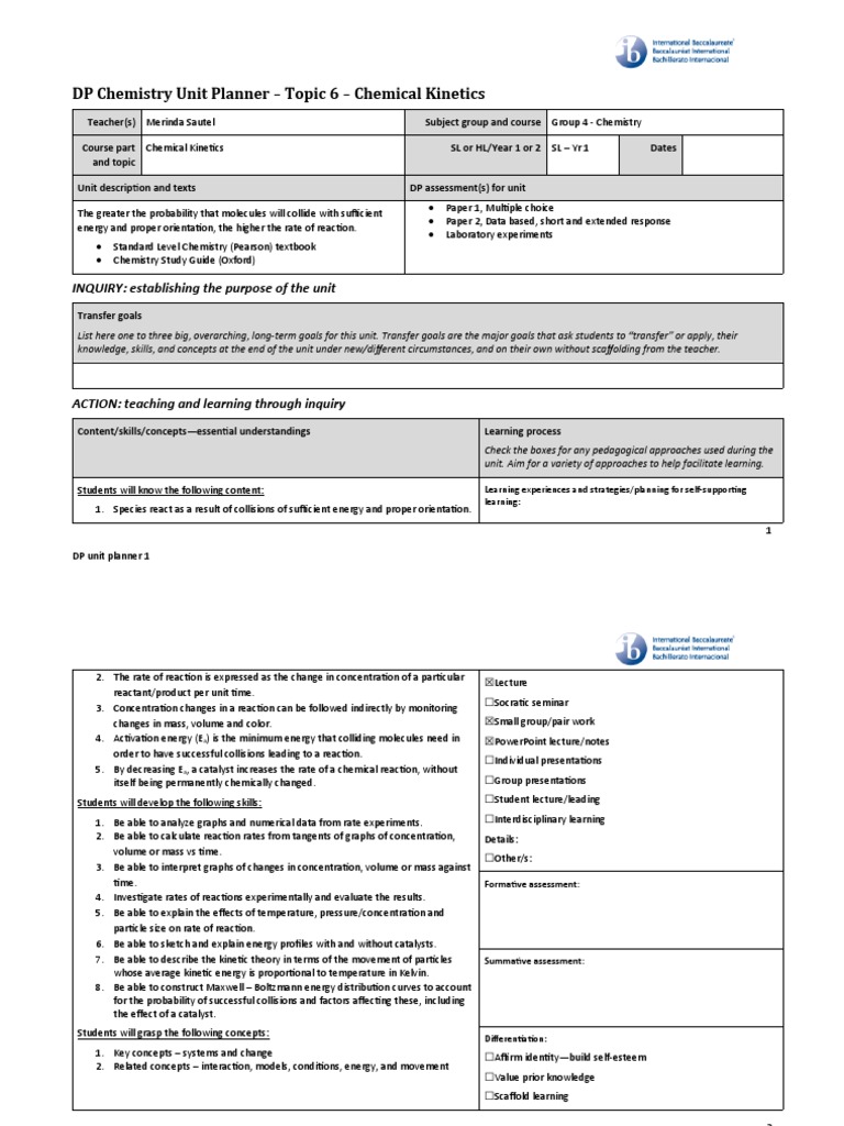 Topic 6: Chemical Kinetics Unit Plan | PDF | Chemical Kinetics ...