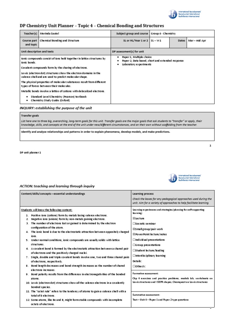 DP Chem Unit 4 Chemical Bonding and Structures | PDF | Chemical Bond ...