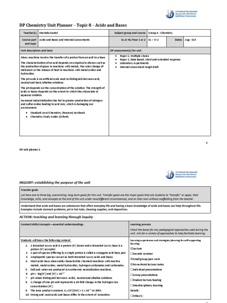 DP Chemistry Acids & Bases Unit | PDF | Ph | Acid