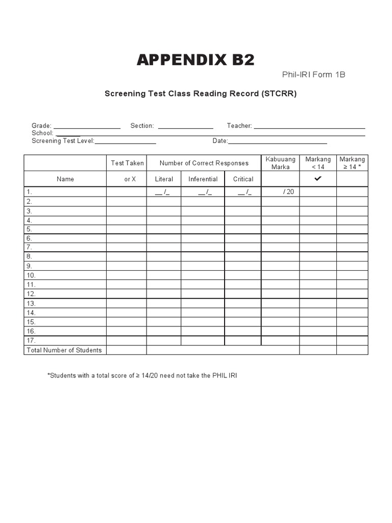 Appendix B2: Screening Test Class Reading Record (STCRR) | PDF