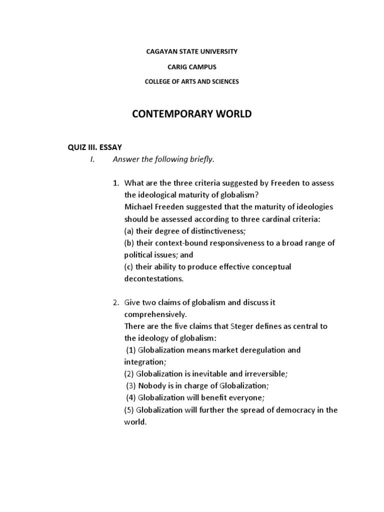 Contemporary World: Quiz Iii. Essay | PDF