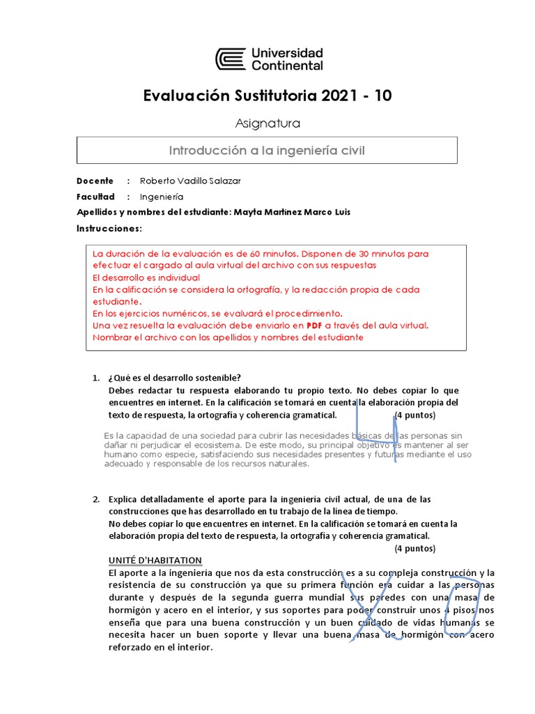 Evaluación Sustitutoria 2021 - 10: Introducción A La Ingeniería Civil | PDF | Ingeniería